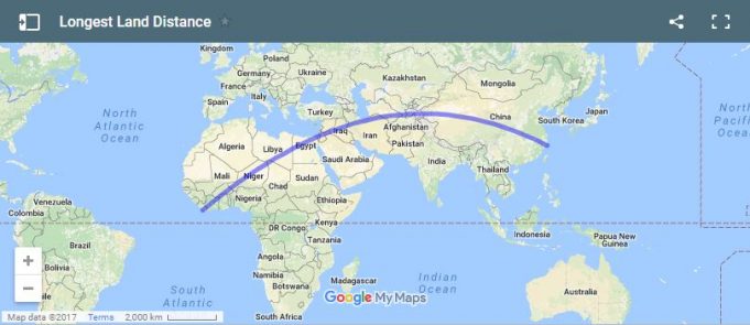 map shows the longest straight land path on Earth