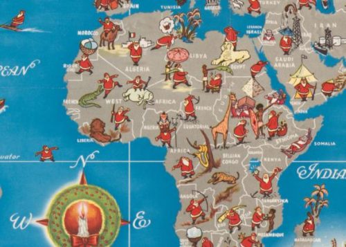 A classical map shows the journey of Santa Claus across the globe