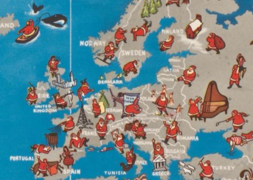 A classical map shows the journey of Santa Claus across the globe