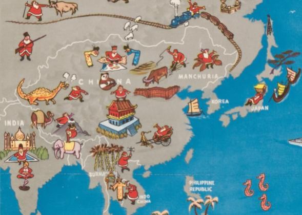 A classical map shows the journey of Santa Claus across the globe