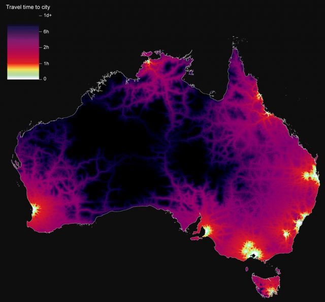 Mapping travel time to urban areas across the world