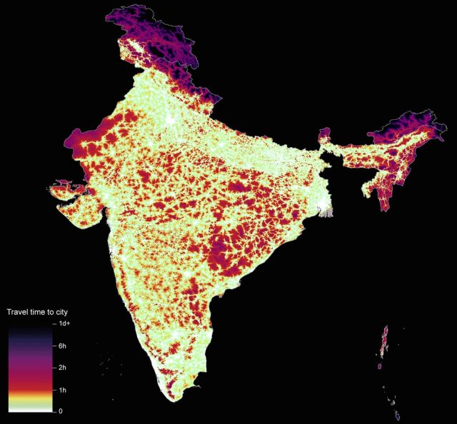 Mapping travel time to urban areas across the world